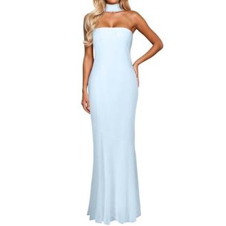 Generic Robe d&eacute;t&eacute; &eacute;l&eacute;gante pour femme - Robe longue moulante avec d&eacute;collet&eacute; - Pour mariage formel, cocktail, soir&eacute;e, bleu, M