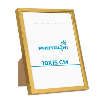 Photolini Bilderrahmen 10x15 cm Gold, Kunststoff-Rahmen schmal, bruchsicheres Acrylglas, zum Aufstellen und Aufhängen, extra Zubehör - Dokumentenrahmen für Urku