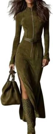 Generic Robe longue en daim synth&eacute;tique pour femme, style western r&eacute;tro, col haut, fermeture &eacute;clair, ceinture, coupe ajust&eacute;e, fente lat&eacute;rale, robe vintage en 