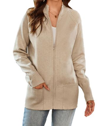 Grace Karin Langarm Damen Daily Strickpullover Retro OL Business Cardigan mit Stehkragen Aprikose XXL