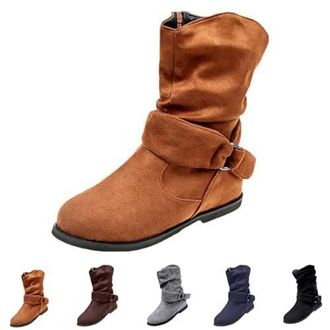 Generic Bottines molles pour femme sans talon - Bottes mi-mollet plates avec fermeture &eacute;clair lat&eacute;rale - Bottines &agrave; talon bas - Pour lautomne et lext&eacute;rieur, m