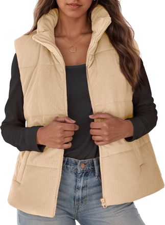 Feoya Damen Winter Weste Kurz &Uuml;bergangsweste Stehkragen Pufferweste Daunenmantel &Auml;rmellose Winterjacke Warm Steppweste Beige XXL