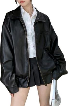 ORANDESIGNE Veste de Motard en Similicuir pour Femme Manteau Fermeture &eacute;clair Oversize Jacket Veste Bomber en Cuir/Mini Jupe Pliss&eacute;e en Cuir A Noir M