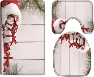 A.Monamour Badezimmer Badematte 3 Teilig Set Tannenzweig Auf Weißer Hölzerner Plankenboden-Bildkunst Flanell Saugfähig Badteppiche Badvorleger Badgarnitur Wc Vor