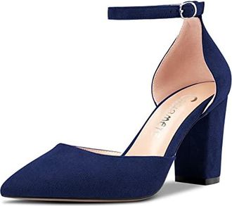 Castamere Femmes Bloc Chunky Haut High Talon Heel Pointu Bout Escarpins Lanières Cheville Boucle Mariage Party Sexy 8.5 CM Heels Bleu Marin 38 EU