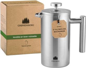 Groenenberg Cafeti&egrave;re &agrave; Piston | French Press avec filtres de rechange | 0,6 litre (3 tasses) | Cafeti&egrave;re a Piston en acier (inox)