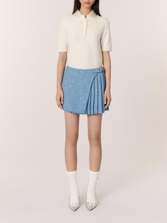 Maje Jupe-short Pliss&eacute;e En Tweed - Bleu - Taille 40 - Maje