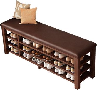 Generic Hölzerne Eingangsbank Schuh Lagerregal mit gepolsterter Sitz Kleiner Eingangsschuhschrank Massivholz Mudroom Flur braun 100cm