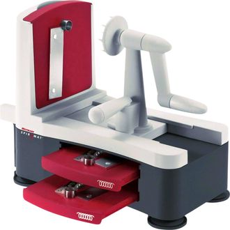 Westmark Spiralschneider für Gemüsenudeln, Zoodles und Obstspiralen, mit 3 Schneideinsätzen, scharfe Edelstahlklingen, Spiromat, Anthrazit/Weiß/Rot, 11332260