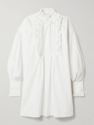 Valentino Garavani Mini-hemdblusenkleid Aus Einer Mischung Aus Baumwolle, Leinen Und Seide Mit Spitzenbes&auml;tzen Und R&uuml;schen - Wei&szlig;