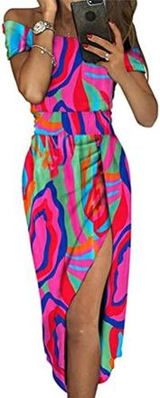 TOMWELL Robe Noël Femme Elégante Col Rond Manches Longues Imprimé Chemisier Mini Robe de Cocktail Soirée Fête B Rose Rouge XXL