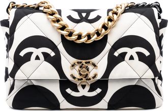 Chanel Black And White Large Printed Silk 19 Flap