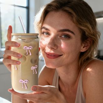 Generico Niedliche Flasche mit Schleife: 500 ml Glasbecher mit Strohhalmdeckel, isolierter Kaffeebecher, Tee-Cocktail-Tasse, auslaufsicher, f&uuml;r Zuhause, K&uuml;che,