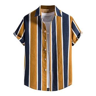 Generic Chemise en coton et lin pour homme - Chemisier dentra&icirc;nement pour homme - Haut imprim&eacute; - Col de chemise en coton et mode - D&eacute;contract&eacute; - Ample - Manch