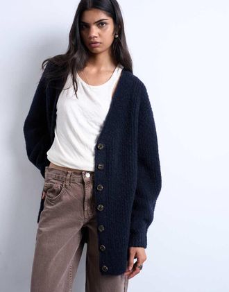 Topshop Ultimate - Boyfriend-Strickjacke in Marineblau-Grau