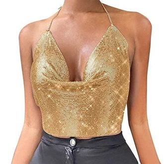 Generic Femmes Cha&icirc;ne Sexy V&ecirc;tements Perles R&eacute;glable Sans Manches Dos Nu Crop Top Club Vintage D&eacute;bardeurs Mignon Body Femme, dor&eacute;, S