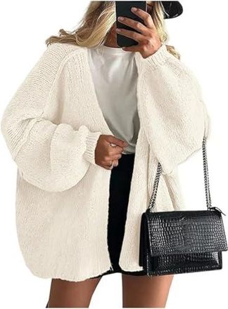 Onsoyours Cardigan Femme Gilet El&eacute;gant Ample Manches Lanterne Veste Tricot Manteau Automne et Hiver A Blanc L