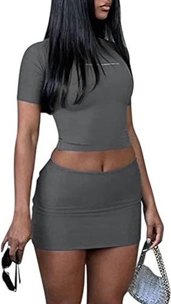 Onsoyours Ensemble Femme Sexy Chic de 2 Pcs Crop-Top Tricot&eacute; &agrave; Manches Longues + Mini Jupe Crayon Moulante C Gris Fonc&eacute; S