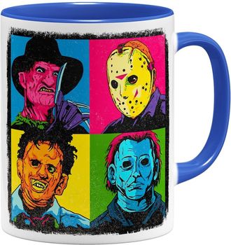 OM3 coole Kaffee-Tasse mit Pop-Art-Horror - Halloween Nightmare Serial Killers | Keramik Becher | 325ml | Beidseitig Bedruckt | Blau