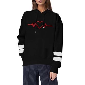 Generic 2026 Sweat &agrave; capuche &agrave; manches longues pour femme Motif coeur, Noir, XL