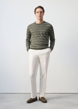 Mango Pull maille fine en m&eacute;lange de lin &agrave; rayures marron moyen - Homme - XXL - MANGO MAN