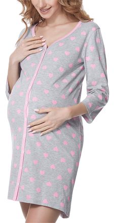 Be Mammy Damen Umstands Nachthemd 3/4 Arm mit Stillfunktion BE20-276 (MelangeHerzen (Rosa), XXL)