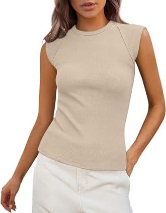 Generic Débardeur pour femme - Chemisier sans manches - Débardeur dété basique - Maillot de corps côtelé - Coupe ajustée - Léger - Élégant - Décontracté - Cou