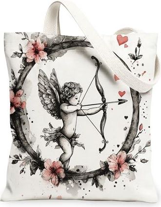 Generic Sacs fourre-tout en toile florale de Saint-Valentin, motif dieu romantique de lamour, sacs d&eacute;picerie l&eacute;gers, lavables et r&eacute;utilisables pour voyage, pl