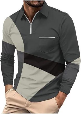 Generic Polo &agrave; manches longues pour homme avec fermeture &eacute;clair et poche zipp&eacute;e, Polos &agrave; manches longues gris fonc&eacute; pour hommes, XXL
