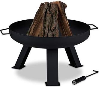Relaxdays Feuerschale Durchmesser 60 cm, inkl. Sch&uuml;rhaken, Garten & Terrasse Feuerstelle, rund, Feuerkorb Stahl, schwarz, 35 x 73 x 60 cm