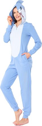 Ladeheid Damen Schlafoverall aus Baumwolle Jumpsuit bunt Verkleidung Schlafanzug Einteiler mit Kapuze LA40-234 (Blau Hai, XXL)