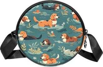 Generic Petit sac &agrave; bandouli&egrave;re circulaire pour femme, motif teckel avec fermeture &eacute;clair, bretelles r&eacute;glables, sac &agrave; main rond d&eacute;contract&eacute; pour femmes et fil