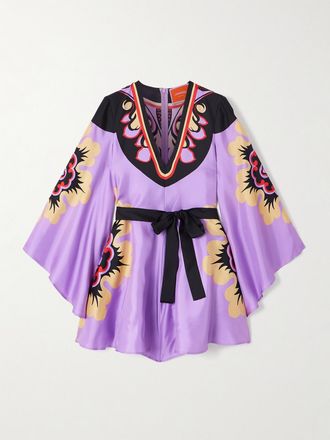 La DoubleJ Icon Magnifico Minikleid Aus Seiden-twill Mit Blumenprint Und Bindegürtel - Lila