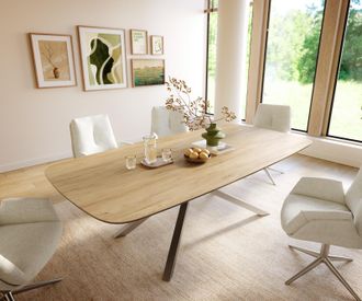 DELIFE Esstisch Edge Boot 240x120 cm Keramik Laminam Sabbia Eichefarbig Kreuzgestell Rechteck Edelstahl, Esstische