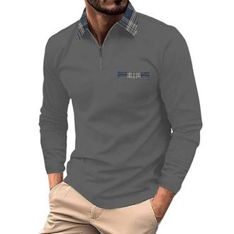 Generic Polo &agrave; manches longues pour homme avec poches et fermeture &eacute;clair - Coupe ajust&eacute;e, Polos &agrave; manches longues gris fonc&eacute; pour hommes, XL