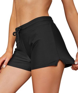 SHEKINI Damen Kurz Boxershorts mit Seitlichem Split Tankini Badeshorts Badehose Sommer Einstellbarer Bikinihose Sporty Schwimmshorts(Schwarz,XL)