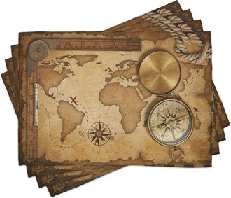Abakuhaus Karte Platzmatten, Gealtertes Weinlese-Schatz-Karten-Machthaber-Seil-Alter Kompass-Antike-Abenteuer-Entdeckung, Waschbare Stoff Esszimmer Küche Tischd