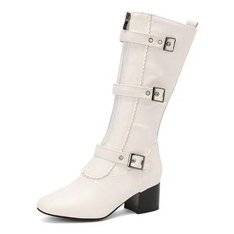 Generic Bottes d&eacute;quitation confortables avec fermeture &eacute;clair sur le devant et sangles &agrave; boucle pour femme - Bout carr&eacute; - Talon bloc bas, blanc, 40.5 EU