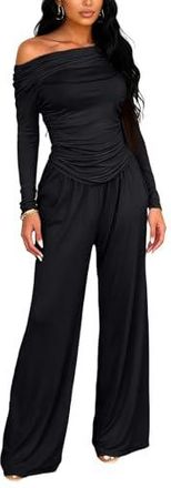 Generic Ensemble 2 pi&egrave;ces &agrave; &eacute;paules d&eacute;nud&eacute;es pour femme - Chemises &agrave; manches longues - Pantalon large - Extensible - Ample - &Eacute;paules d&eacute;nud&eacute;es, Noir, L