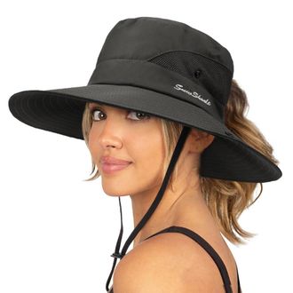 Dreshow Damen Sonnenhut Outdoor UV-Schutz Hut faltbar Mesh breite Krempe Angeln Pferdeschwanz Strand Eimer H&uuml;te