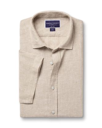 CHARLES TYRWHITT Kurz&auml;rmeliges Reines Leinenhemd - Graubraun