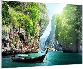 Arttor Bilder auf Glas 100x70cm Glasbild Boot Klippen Natur Felsen Gro&szlig; Wanddeko Bild im Glas Schlafzimmer K&uuml;che Deko Wandbilder Dekoration Wohnzimmer Modern