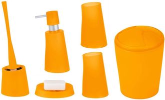 Spirella Badezimmer Set, 6-teiliges Badzubehör Move Seifenspender, WC Bürste, Seifenschale, Kosmetikeimer und Zahnputzbecher Orange