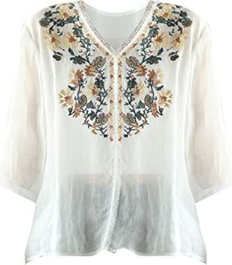 Generic Haut brod&eacute; en lin pour femme - Grande taille - Chemisier habill&eacute; r&eacute;tro floral brod&eacute; - Col en V et manches 3/4 - T-shirt l&eacute;ger - Chemisier d&eacute;t&eacute; boh&egrave;me 