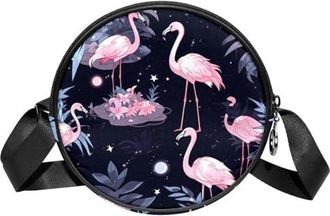 Generic Sac &agrave; bandouli&egrave;re rond pour femme, motif flamants roses, petit sac &agrave; bandouli&egrave;re avec fermeture &eacute;clair, bretelles r&eacute;glables, sac &agrave; main rond d&eacute;contrac