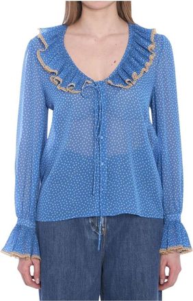 Valentino Garavani Femme, Blouses et Chemises, Bleu, Taille: 36 FR Polka Dot Ruffle Neck Blouse