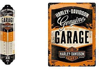 Nostalgic Art 80313 Thermom&egrave;tre analogique Harley-Davidson Garage - Cadeau pour les fans de moto, 6,5 x 28 cm & Nostalgic-Art Plaque vintage Harley-Davidson Garage 