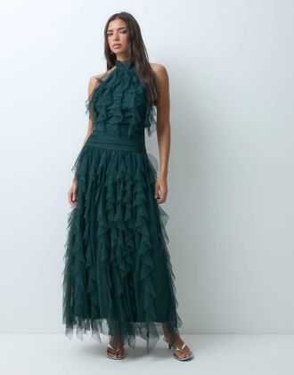 Lace & Beads robe longue en tulle &agrave; col licou, d&eacute;tails &agrave; volants, &agrave; &eacute;tages, vert fonc&eacute;