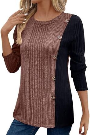 Generic Sweat-shirt pour femme - &Eacute;l&eacute;gant bloc de couleurs - Pull long - Automne - Hiver - Manches longues - Col rond - Loisirs - T-shirt avec bouton - Tunique