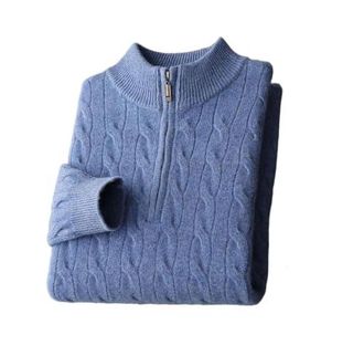 Generic Pull tricoté à manches longues en laine solide avec fermeture éclair 1/4 pour homme, bleu, 3XL